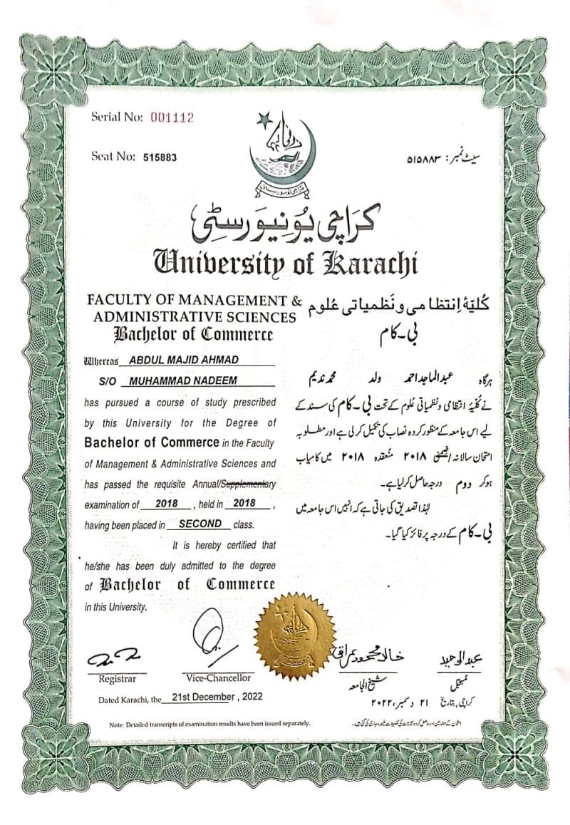 Duplicate Transcript from University of Karachi - Birth Certificate ...